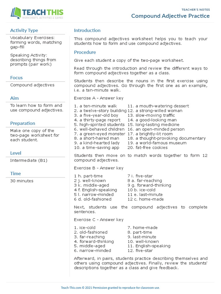 Compound Adjective Practice | PDF | Adjective | Linguistics