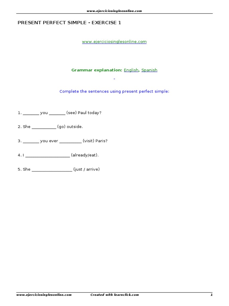 Present Perfect Simple Exercise 1 | PDF