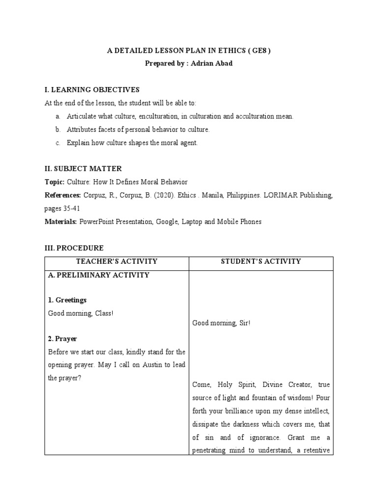 A Detailed Lesson Plan in Ge8 Ethics | PDF | Learning | God