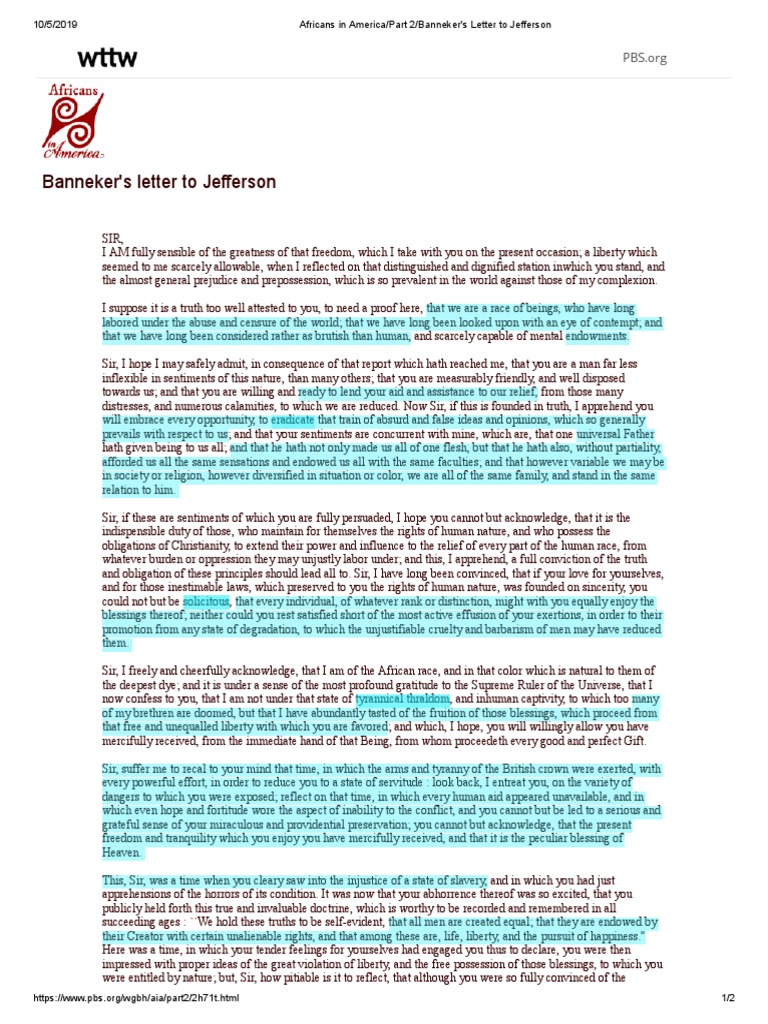 Kami Export - Michael McNally - Banneker's Letter To Jefferson | PDF ...