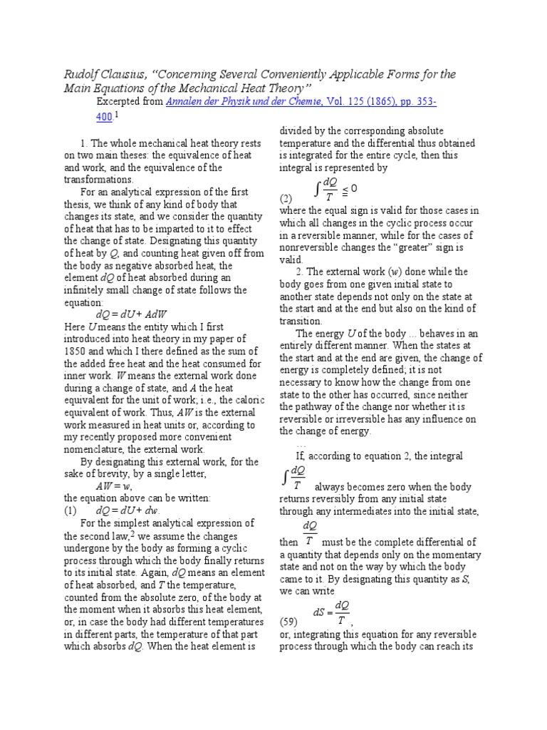 Artigo - 1865 - Rodolf Clausius - Nascimento Da Entropia | PDF | Heat ...