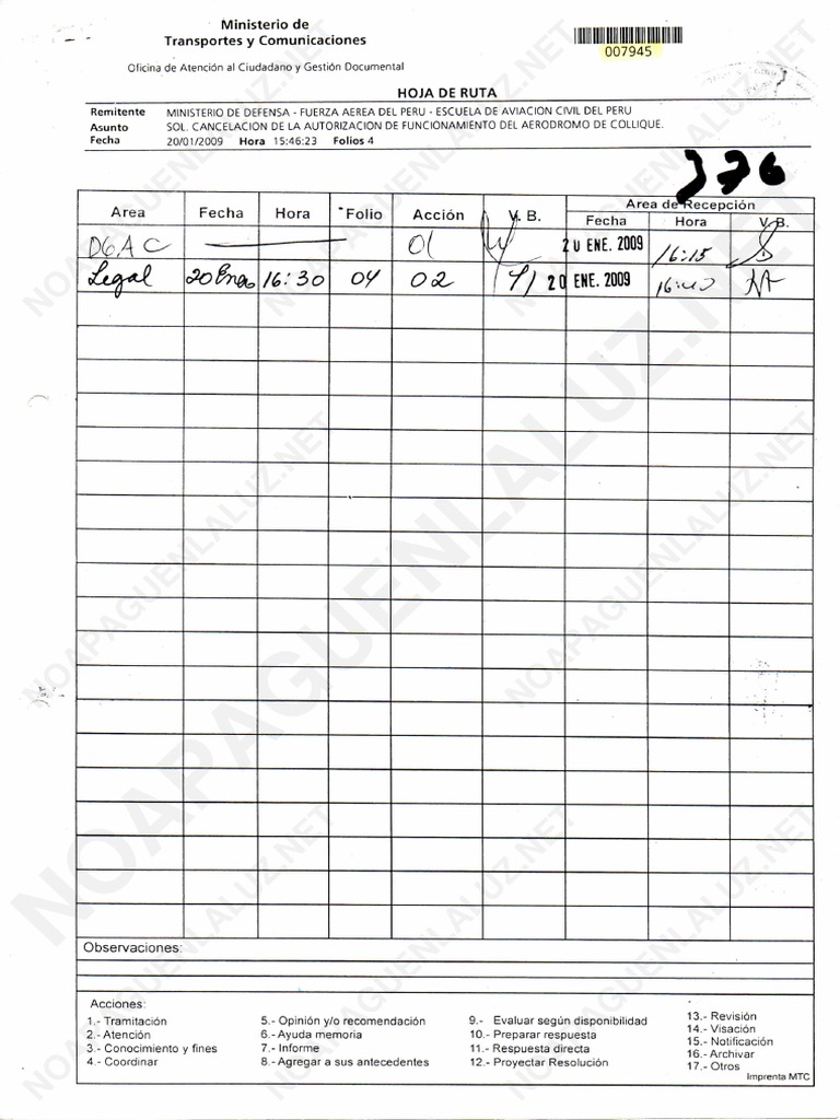 HOJA DE RUTA 007945 20 ENE 2009. Oficio NC-900-DEAC #0016 19 ENE 2009 ...