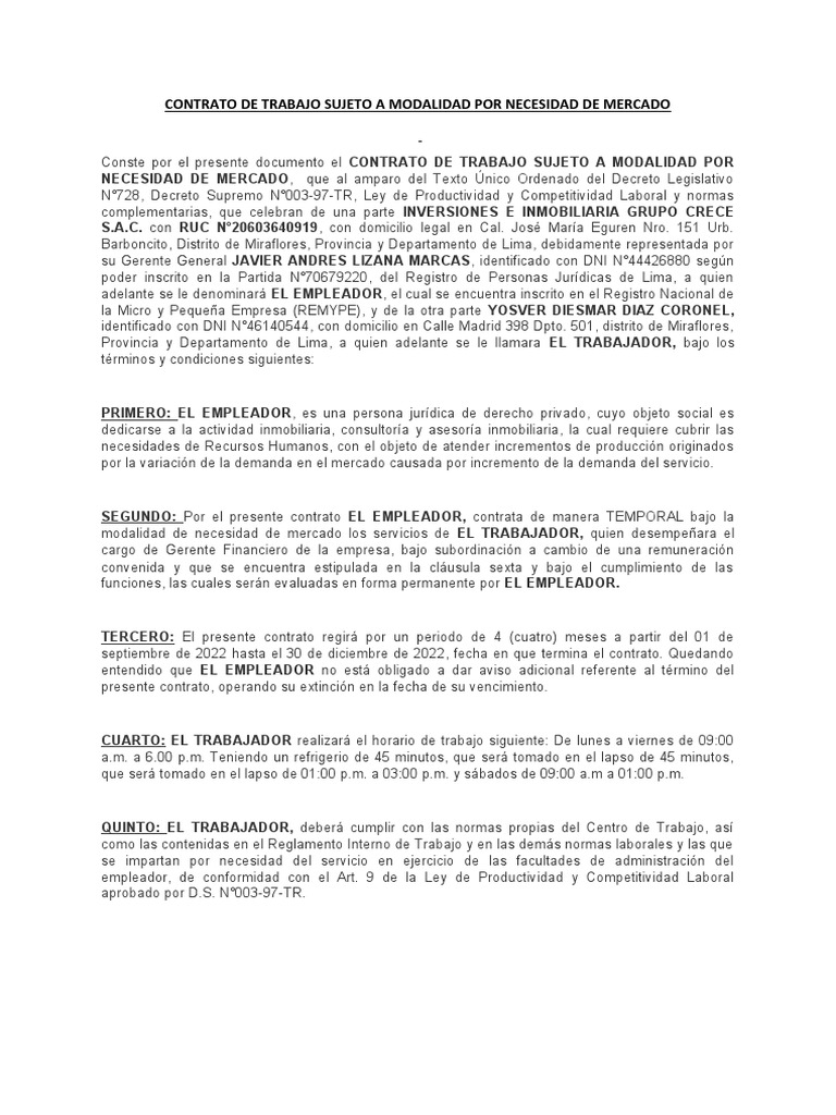 CONTRATO Laboral | PDF | Derecho laboral | Economias