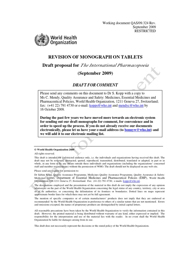 Revision OF Monograph ON Tablets Draft Proposal For (September 2009 ...