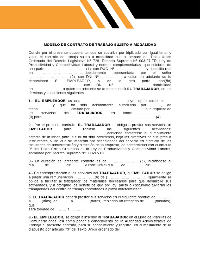 Modelo de Contrato de Trabajo Sujeto A Modalidad | PDF | Derecho ... Modelo de Contrato de Trabajo Sujeto A Modalidad | PDF | Derecho ...