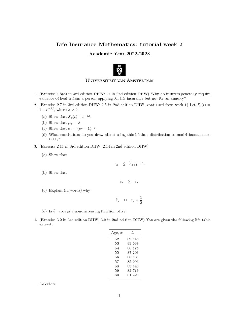 2022-09-12 Tutorial 2 Life Insurance Maths | PDF | Exponential Function ...