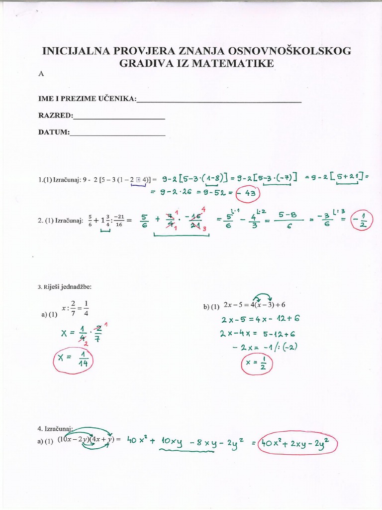 INICIJALNI ISPIT MATEMATIKA Gradivo Osnovne Škole - Rješenja | PDF