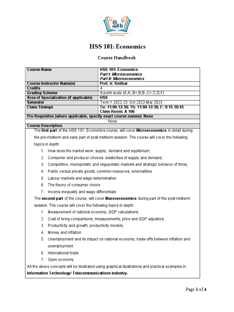 HSS 101 - Economics Handbook | PDF | Cost Of Living | Supply And Demand