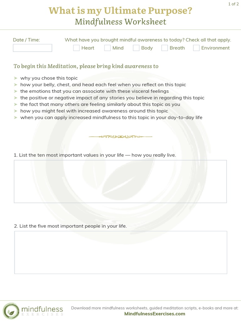 Mindfulness Worksheet: Discover Purpose | PDF