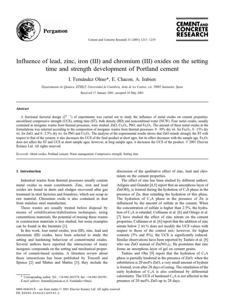 Influence of Lead Zinc Iron III and Chro | PDF | Cement | Zinc Oxide