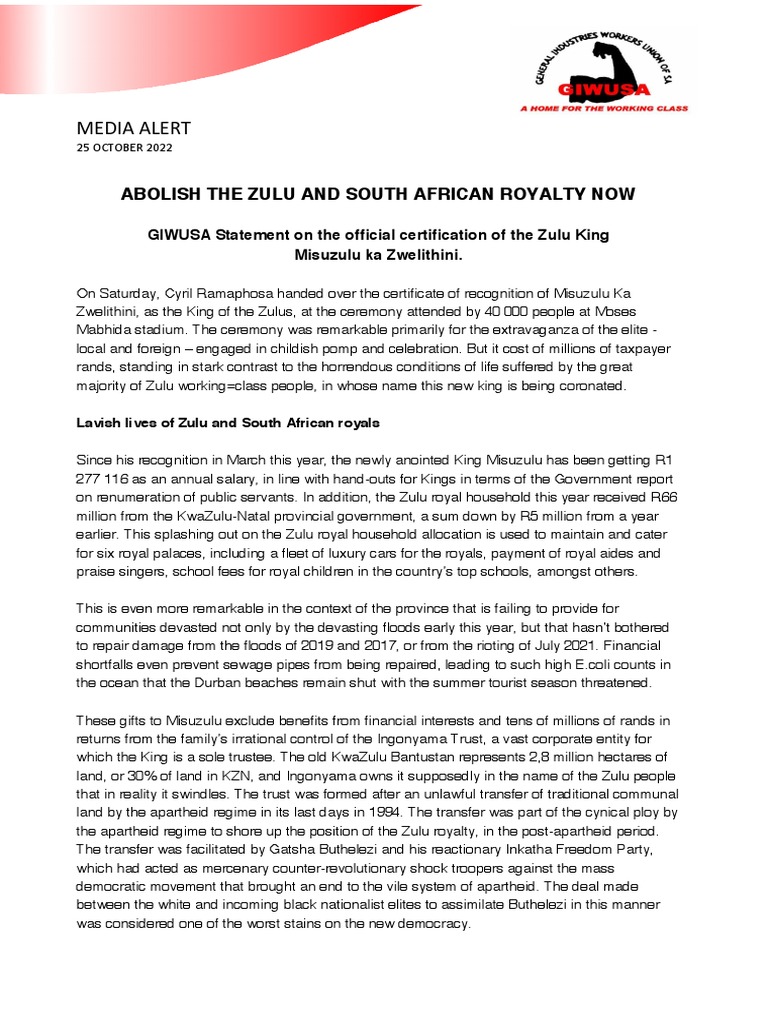 31 Oct GIWUSA - Abolish The Zulu and South African Royalty Now | PDF ...