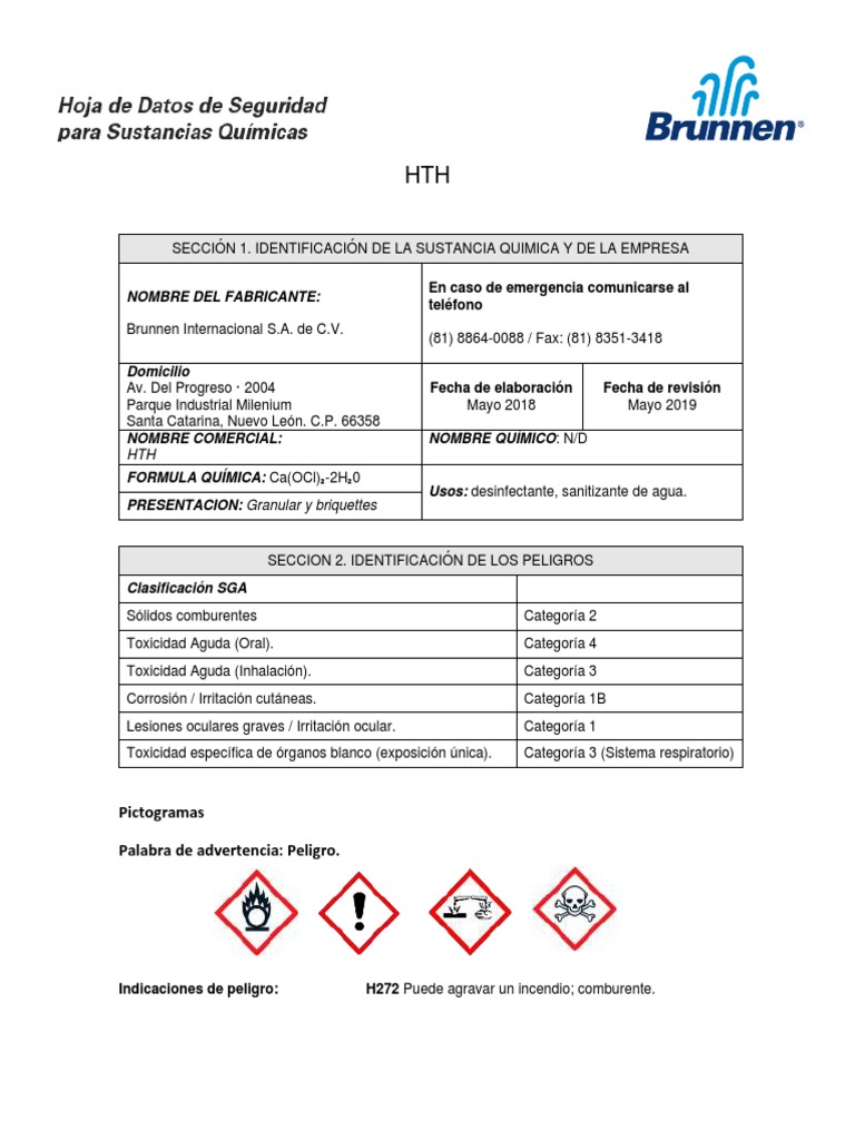 MSDS HTH Granular y Briquettes | PDF | Agua | Contaminación