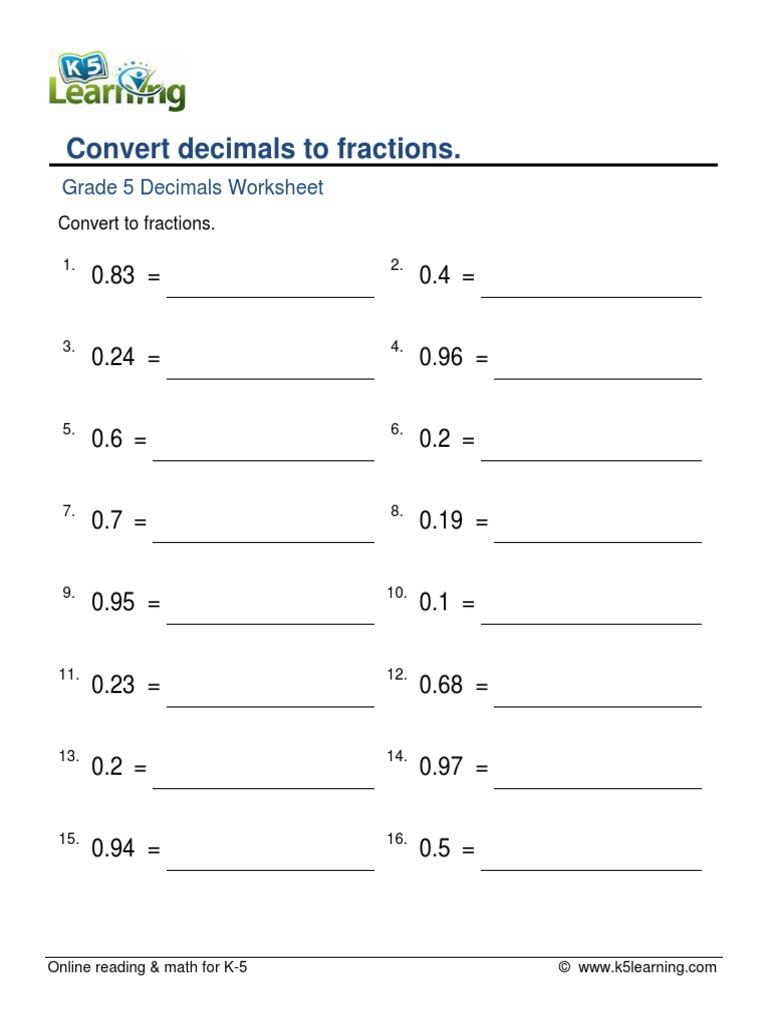 Grade 5 Decimals Worksheet - Convert Decimals To Fractions | PDF