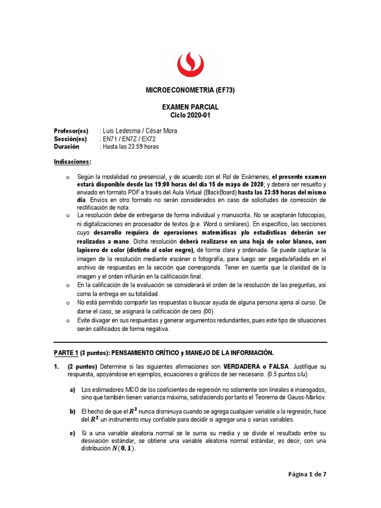 2020 1 EF73 Examen Parcial | PDF | Mínimos cuadrados ordinarios ... 2020 1 EF73 Examen Parcial | PDF | Mínimos cuadrados ordinarios ...