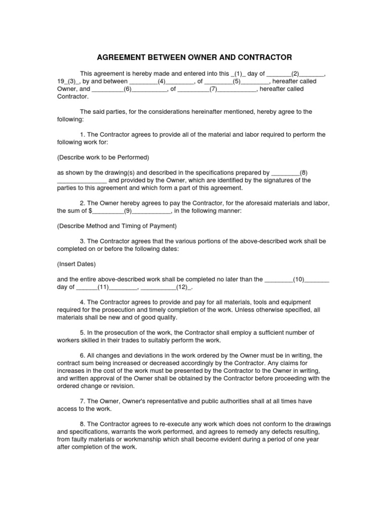 Agreement Between Owner and Contractor | General Contractor | Virtue