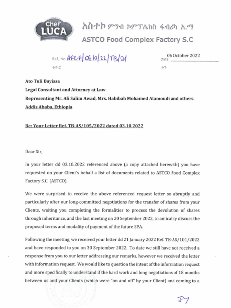 Letter Resonse To Ato Tuli - Ali and Shareholders - 06 Oct 2022 ...