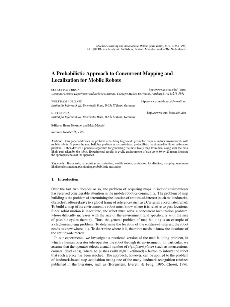 A Probabilistic Approach To Concurrent Mapping and Localization For Mobile Robots | PDF | Robot ...