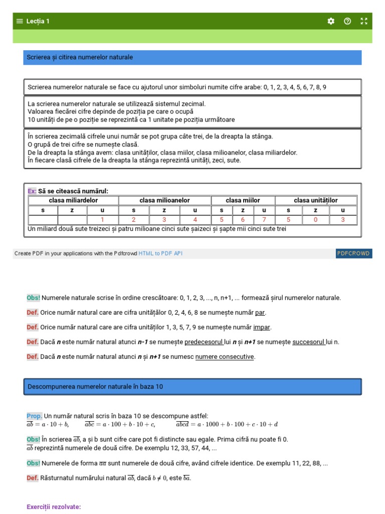 Lectia - 1 - Scrierea Si Citirea Numerelor Naturale | PDF