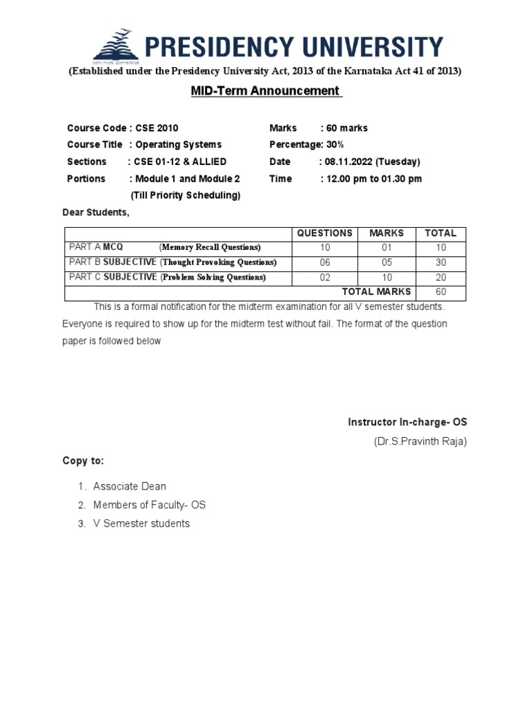 Mid Term ANNOUNCEMENT OPERATING SYSTEMS | PDF