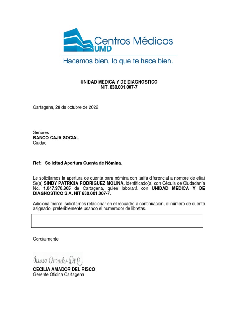 Carta Apertura de Cuenta de Nomina Umd | PDF Carta Apertura de Cuenta de Nomina Umd | PDF