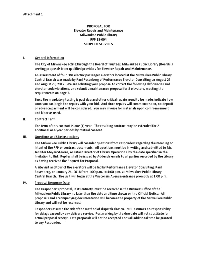 Milwaukee Library Elevator Repair RFP | PDF | Elevator | Request For ...