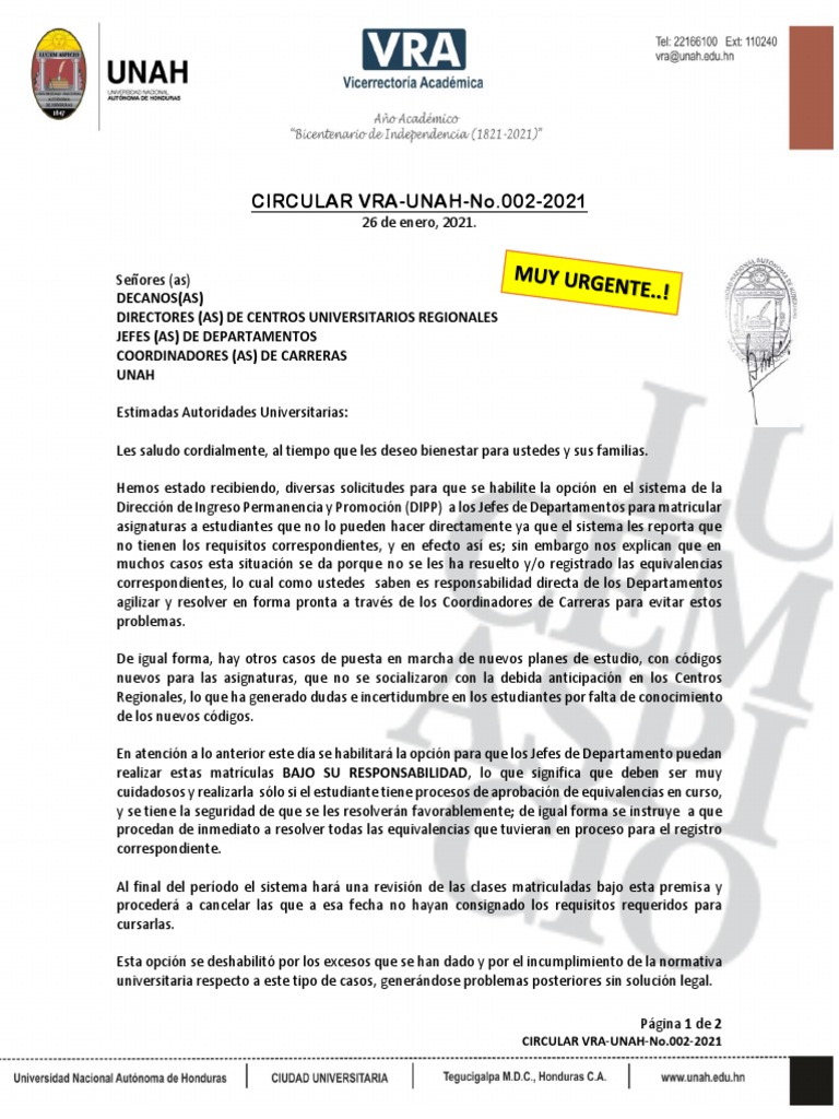 CIRCULAR VRA UNAH No.002 2021 | PDF