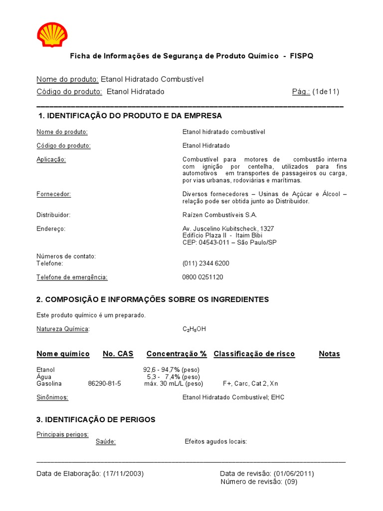 FISPQ Etanol Hidratado Shell R09 06 2011 | PDF | Etanol | Química
