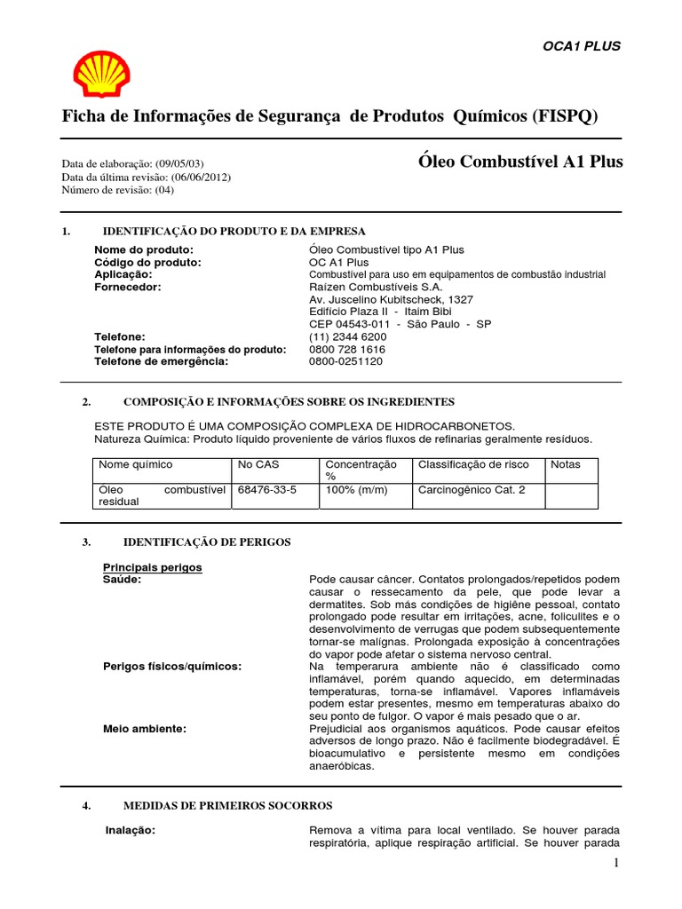 FISPQ Óleo Combustível A1 Plus | PDF | Combustão | Primeiros socorros