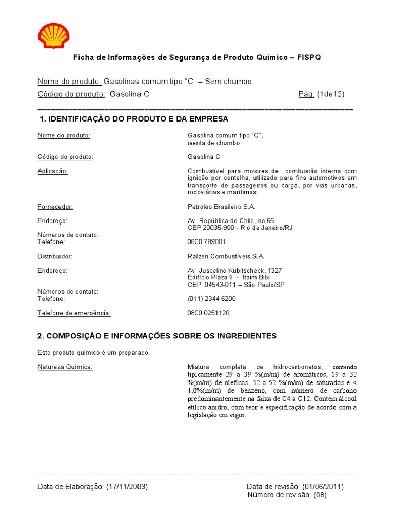 FISPQ Gasolina Comum C Shell R08 06 2011 | PDF | Benzeno | Ambiente natural