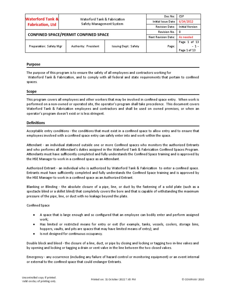 Confined Spaces Program 0210 | PDF | Labor Relations | Workplace