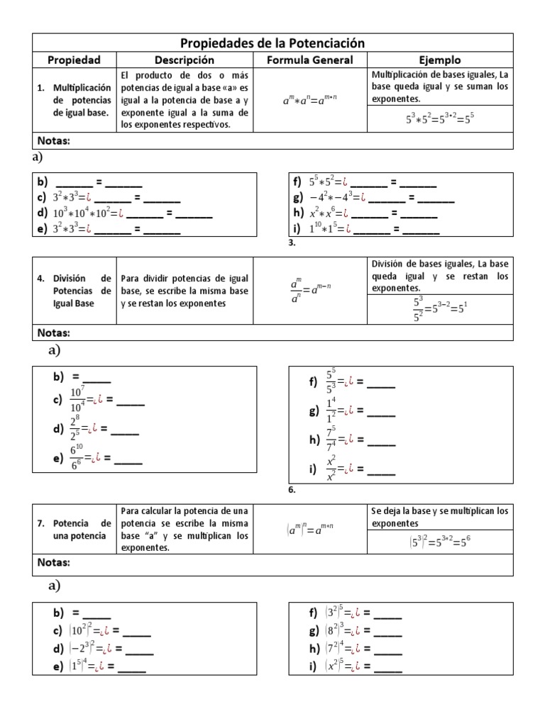 Propiedades de La Potenciación - Exámen | PDF | Exponenciación | Multiplicación