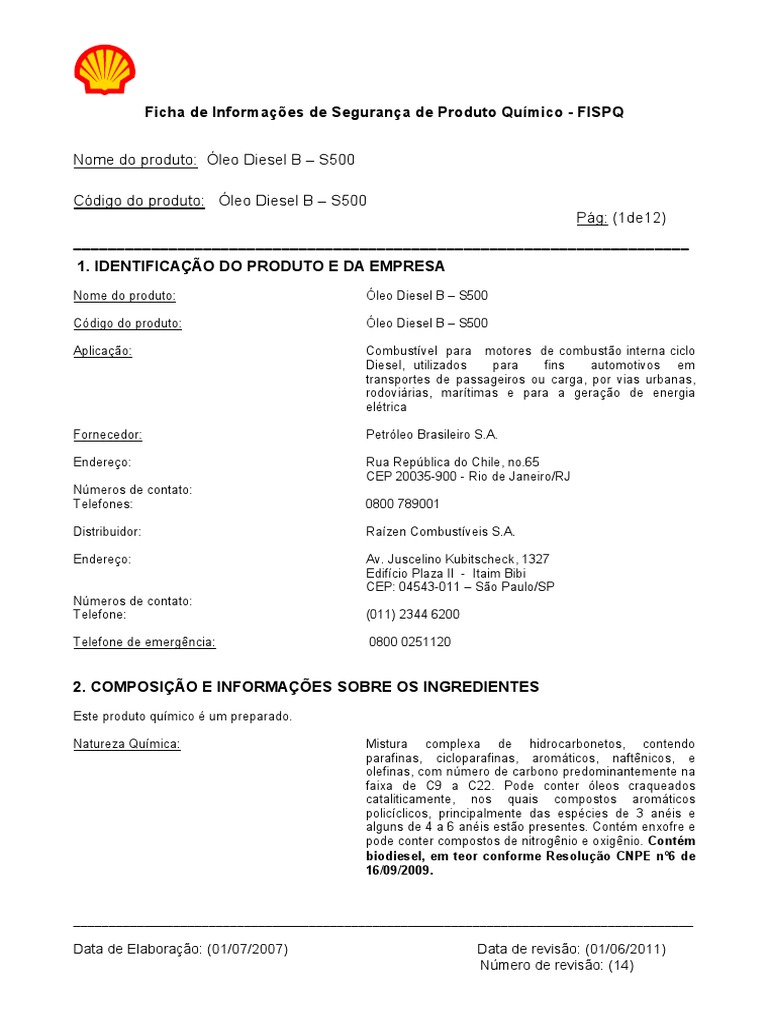 FISPQ Óleo Diesel B S500 Shell R14 06 2011 | PDF | Diesel | Combustão