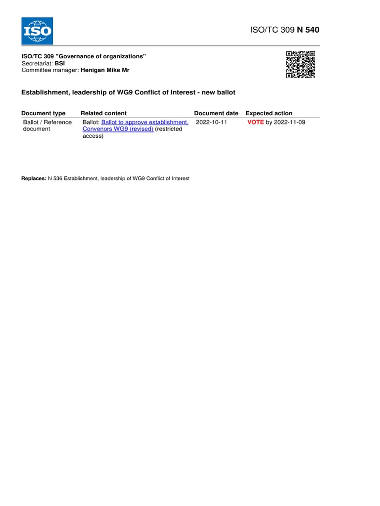 ISO-TC 309 N540 Establishment, Leadership of WG9 Conflict of Interest ...