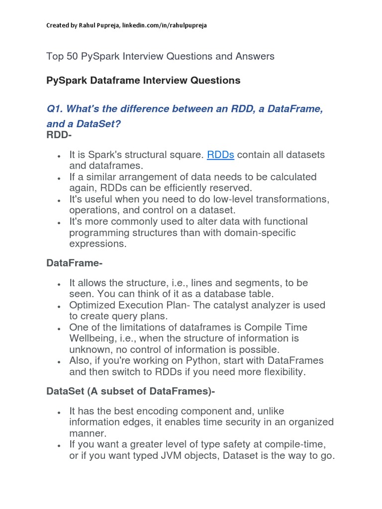 PySpark Data Frame Questions PDF | Download Free PDF | Apache Spark | Apache Hadoop