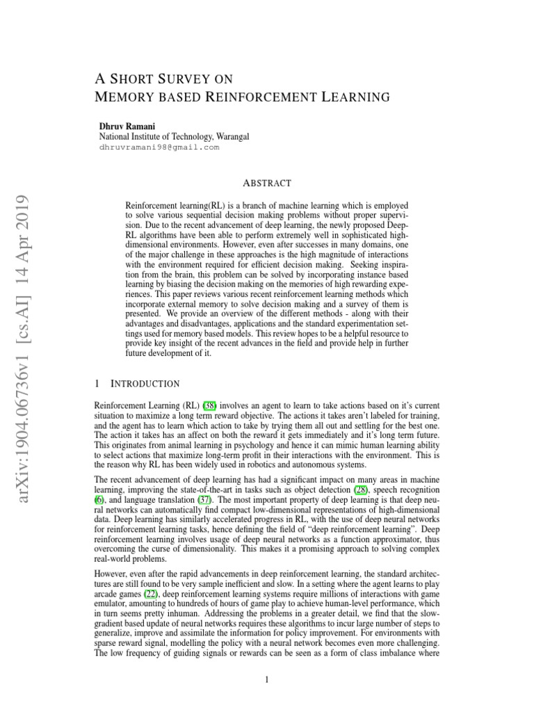A Short Survey On Memory Based RL | PDF | Artificial Neural Network | Deep Learning