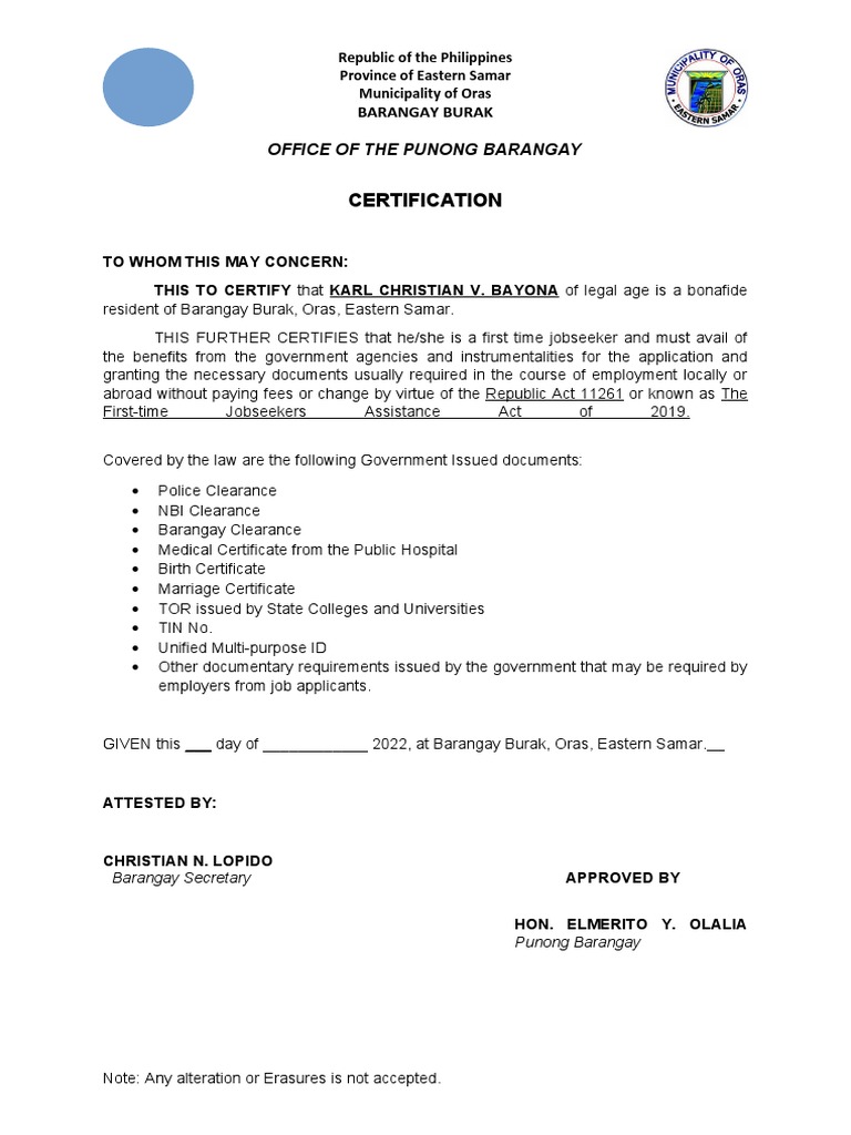 CERTIFICATION 1st Job Seeker | PDF | Birth Certificate | Government And Personhood