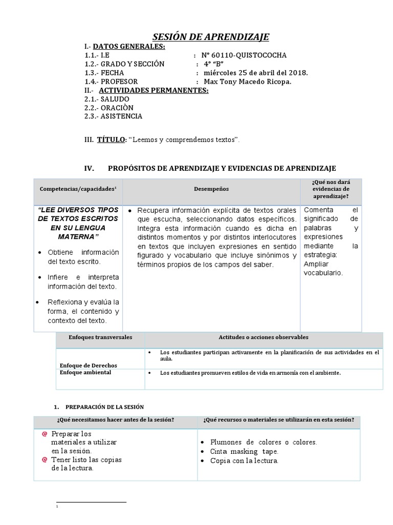 SESIÓN 20-Leemos y Comprendemos Textos | PDF | Aprendizaje | Salón de clases