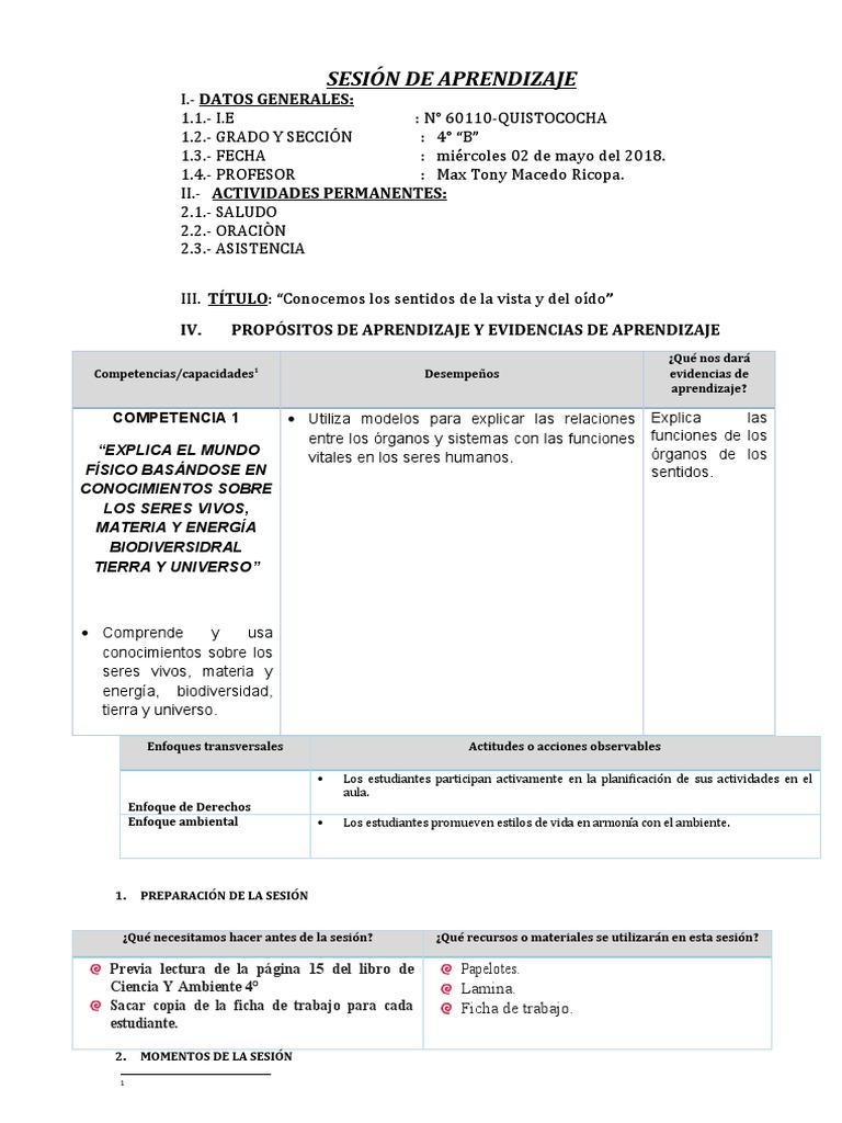 SESIÓN 25 - Los Sentidos de La Vista y Del Oído. | PDF | Aprendizaje ...