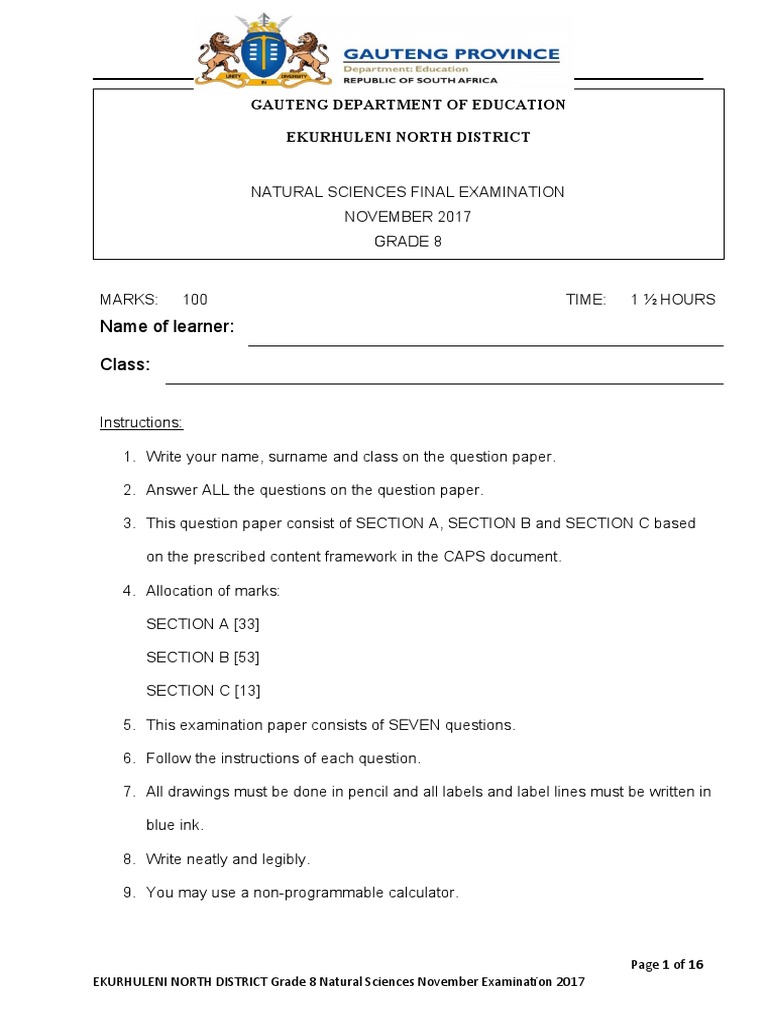 Gr8 Ns Nov District Exam 2017moderated A 2nd Time | PDF | Solar System ...