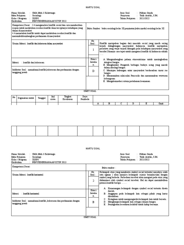 21-22 Kartu Soal Pat Sosiologi Kls Xi Ips | PDF