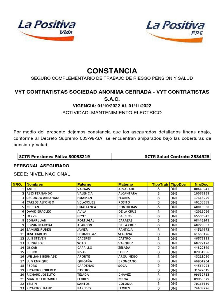 11 - SCTR - Const - Vyt - Octubre | PDF | Reaseguro | La seguridad