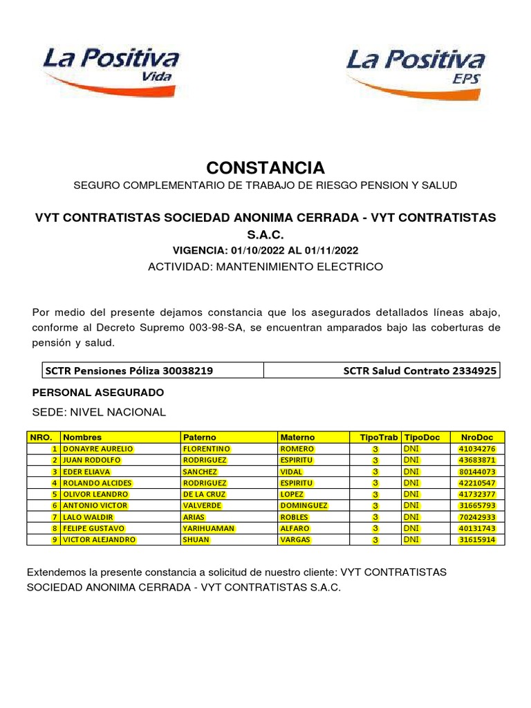 19 - SCTR - Const - Vyt - Octubre | PDF | Seguro | Póliza de seguros