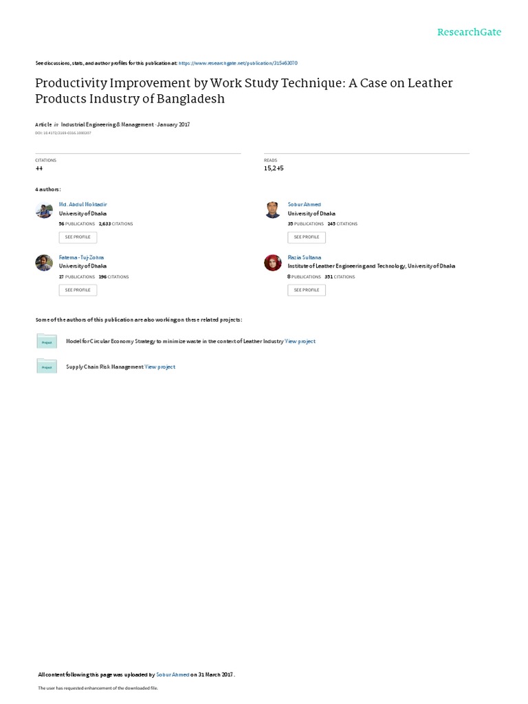 Productivity Improvement by Work Study Technique A | PDF | Economies | Production And Manufacturing
