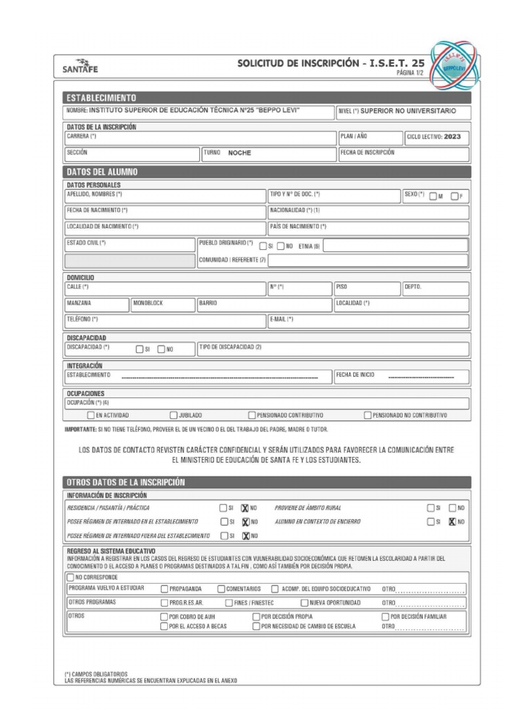 Ficha de Inscripción Al I.S.E.T #25 "Beppo Levi" | PDF