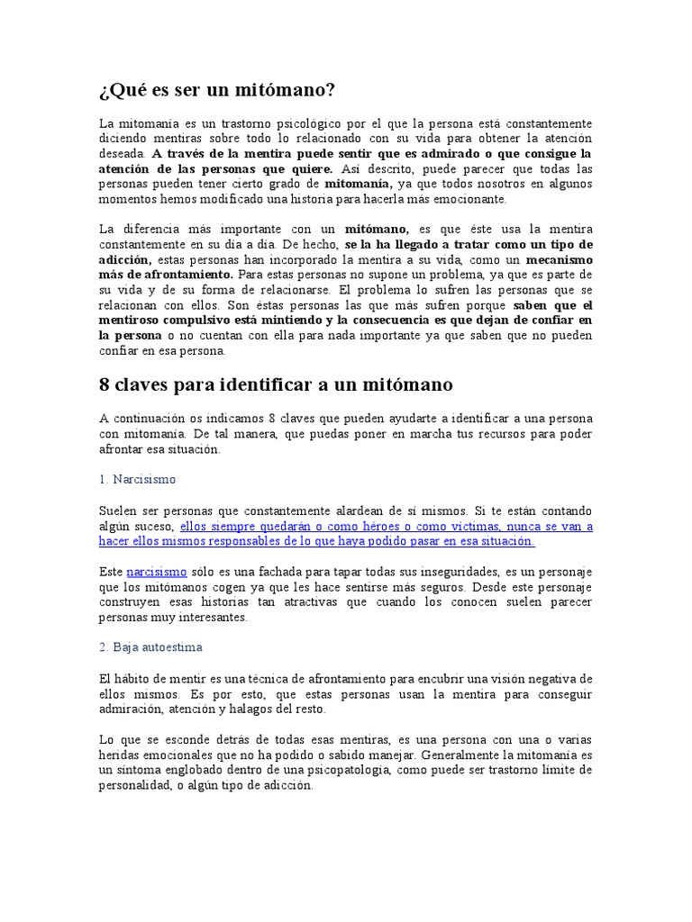 Qué Es Ser Un Mitómano | PDF | Mentira | Narcisismo