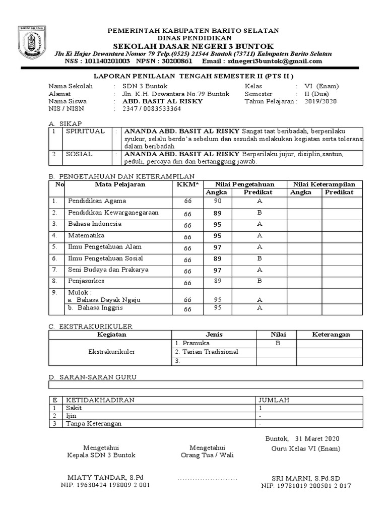 Laporan PTS II SDN 3 Buntok 2019/2020 | PDF