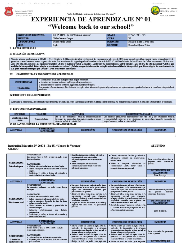 Eda 01 - Segundo Grado | Descargar gratis PDF | Evaluación | Idioma en Inglés
