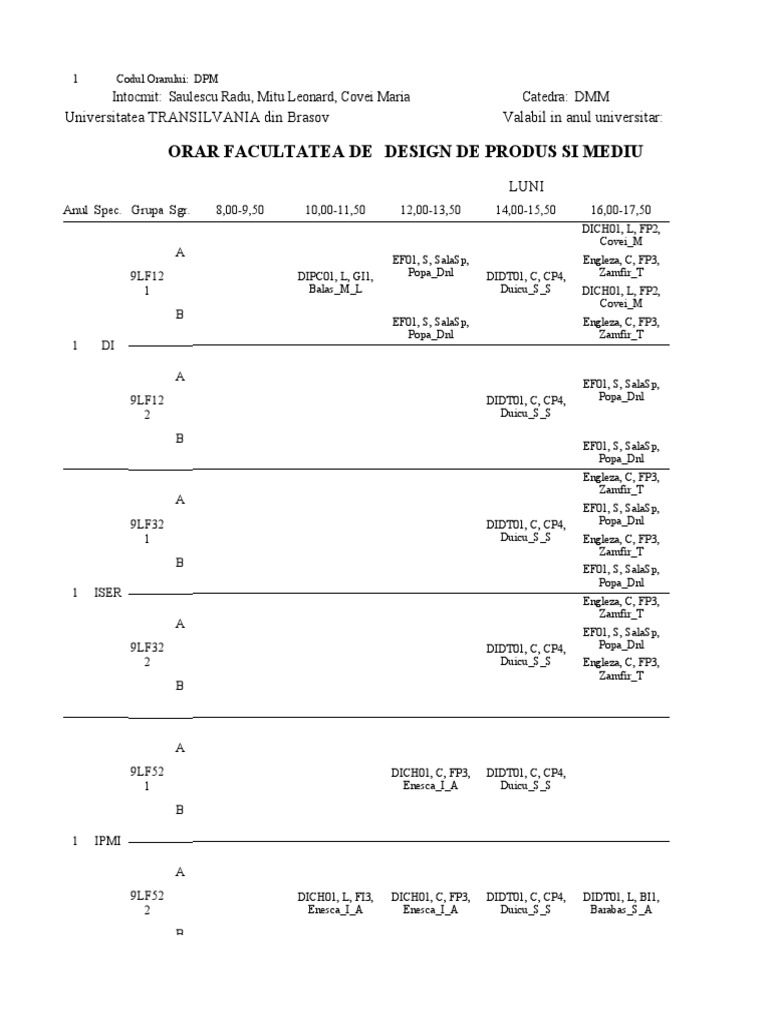 Orar Facultatea de Design de Produs Si Mediu: Universitatea ...