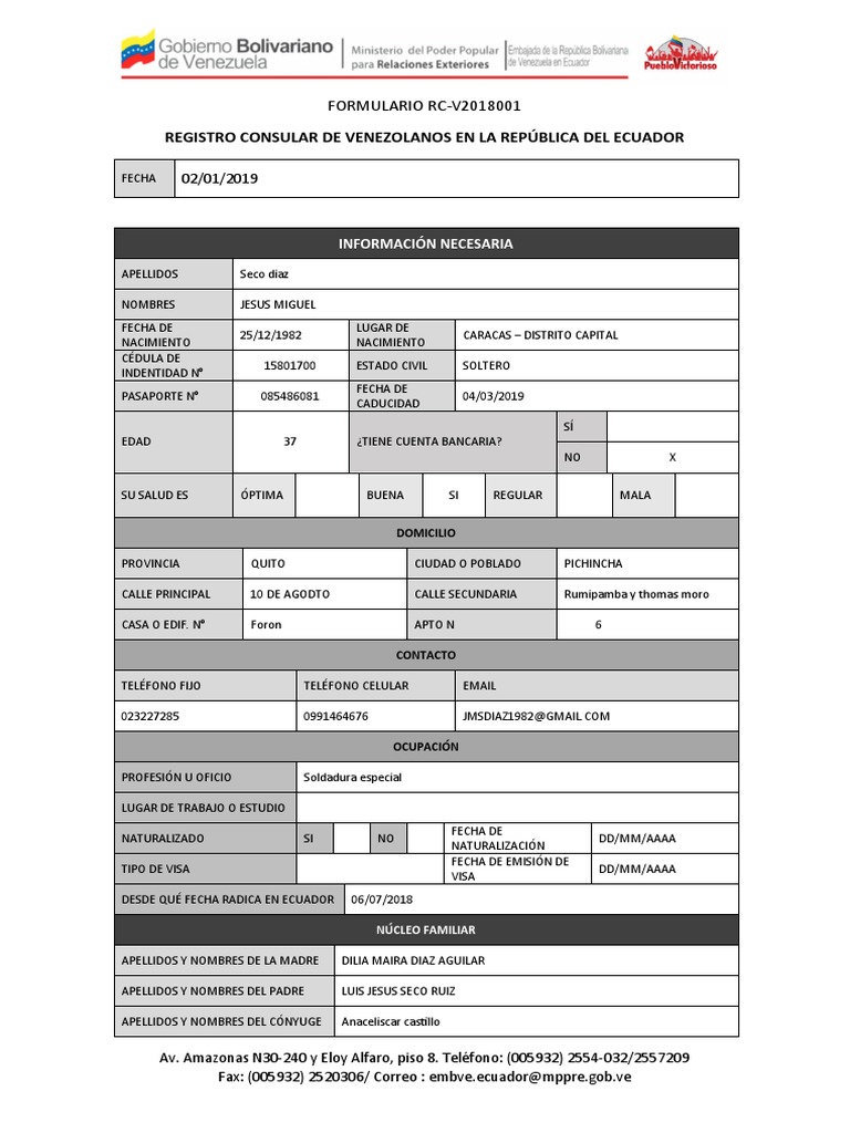 Formulario Registro Consular | PDF | Gobierno y personalidad