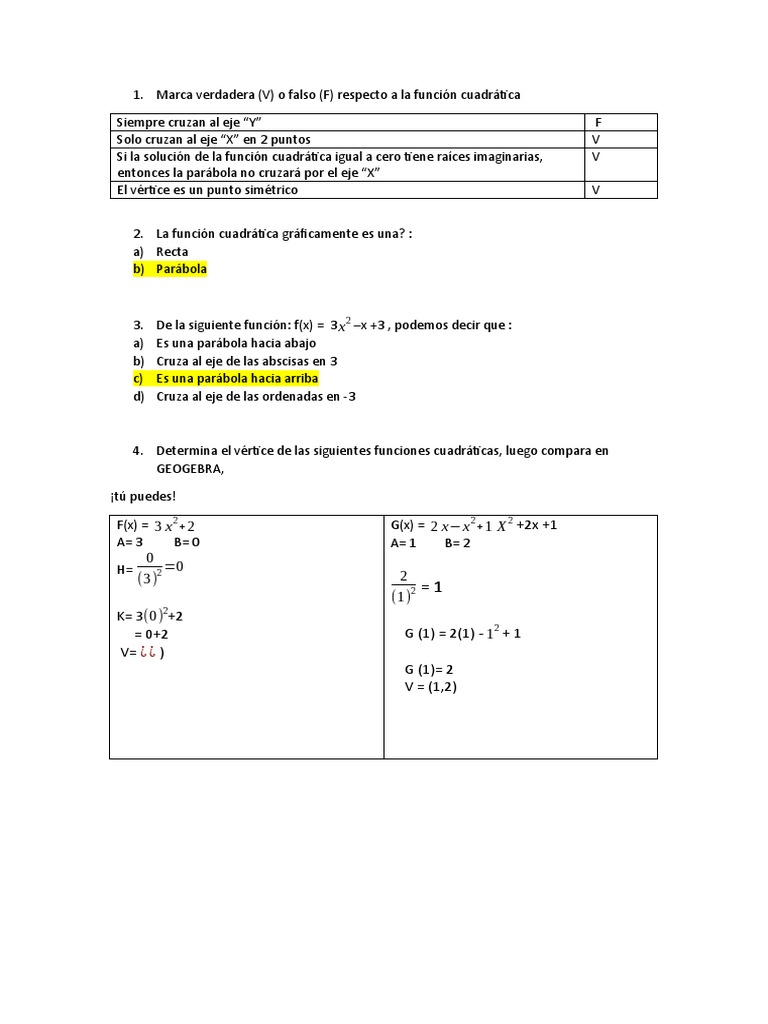 Práctica de Func - Cuadrática | PDF
